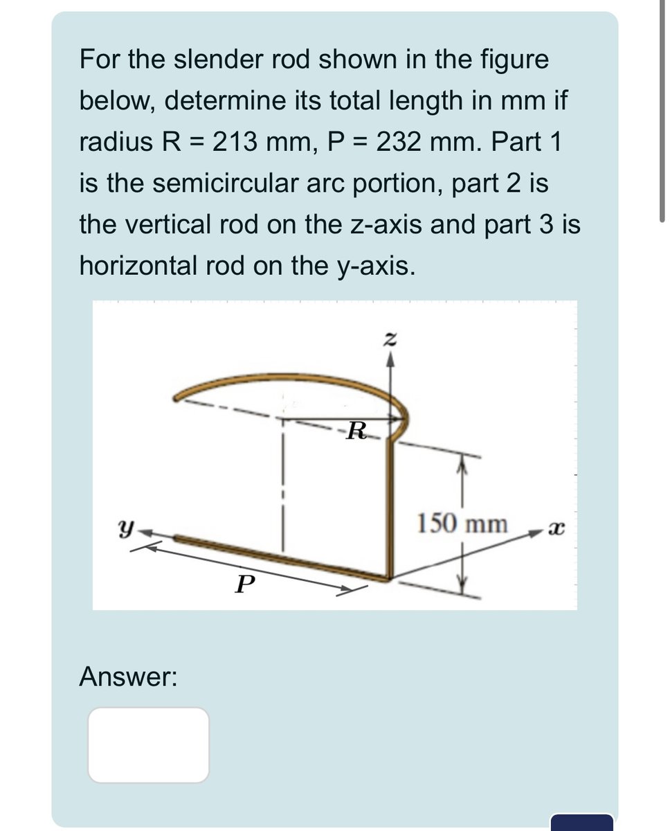 For the slender rod shown in the figure below, determine its total length..