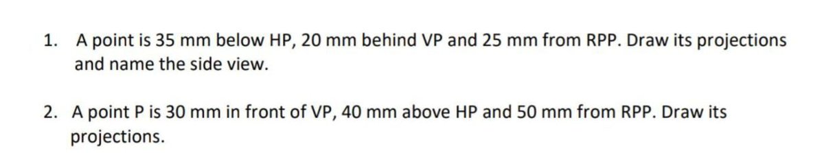 A point is 35 mm below HP, 20 mm behind VP and 25 mm from RPP. Draw its p..