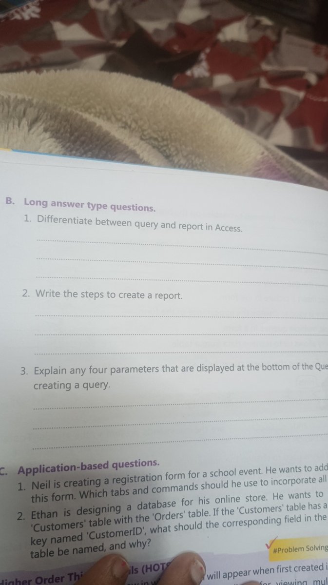 B. Long answer type questions. Differentiate between query and report in