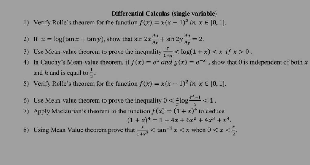 Differential Calculus (single variable) 1) Verify Rolle's theorem for th..