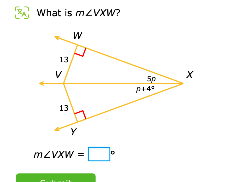 What is m\angle VXW? Given a diagram with point V on a line, and two ray..