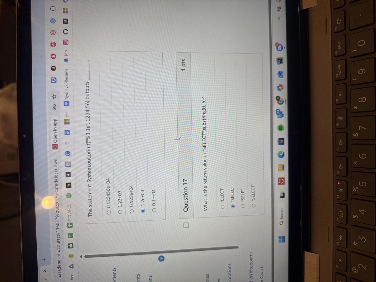 The statement System.out.printf("%3.1e", 1234.56) outputs: 0.123456e+04