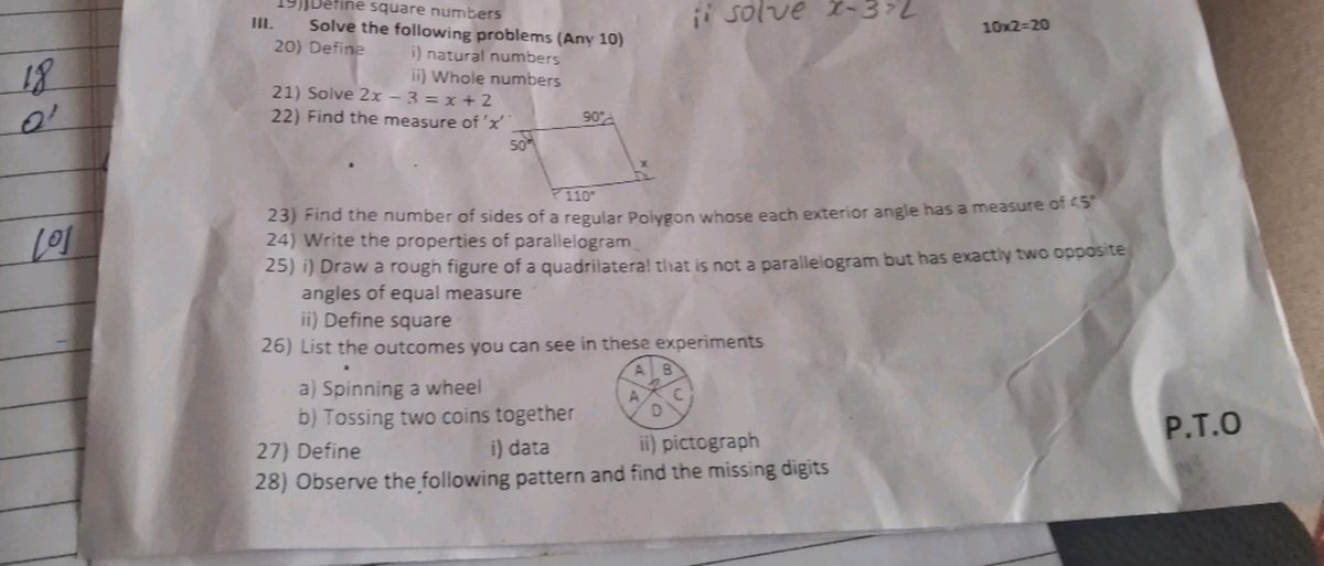 III. Solve the following problems (Any 10) 20) Define i) natural numbe..
