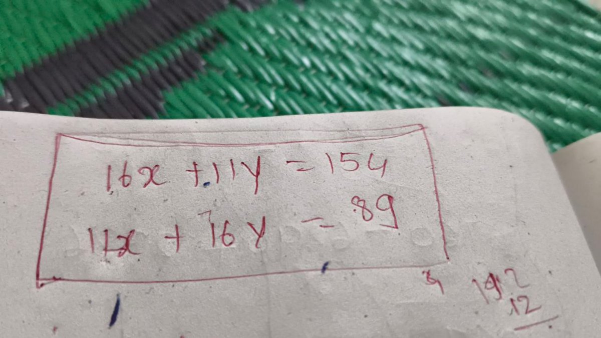 Solve the following system of linear equations: 16x + 11y = 154 11x + 16..