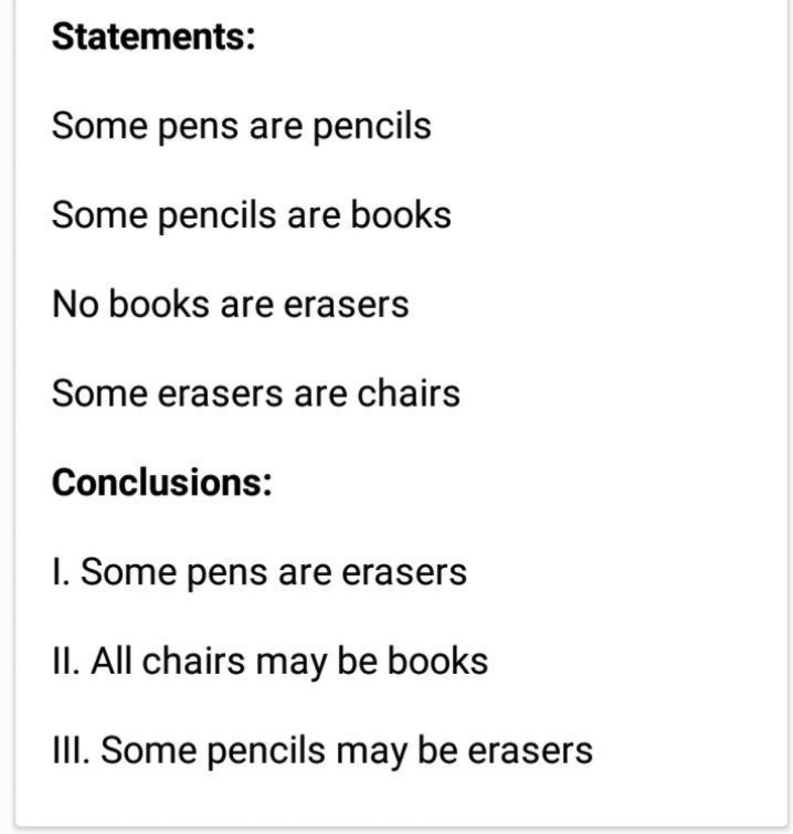 Statements: Some pens are pencils. Some pencils are books. No books are e..