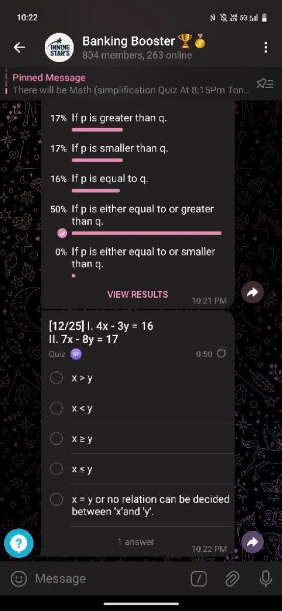 I. 4x - 3y = 16 II. 7x - 8y = 17 Compare x and y and choose the correct