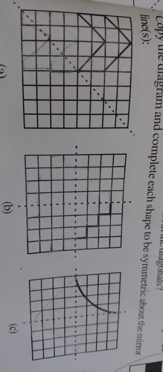 Copy the diagram and complete each shape to be symmetric about the mirror..