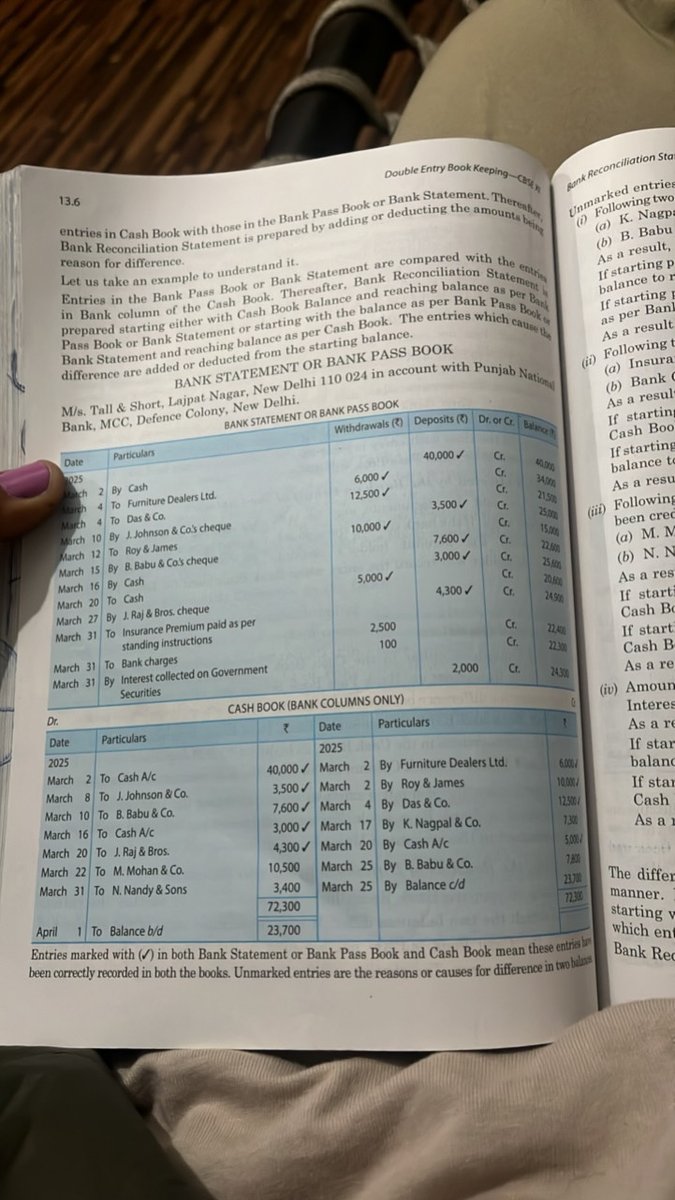 Entries marked with ( ) in both Bank Statement or Bank Pass Book and Cash..