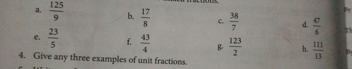 Give any three examples of unit fractions. | Filo