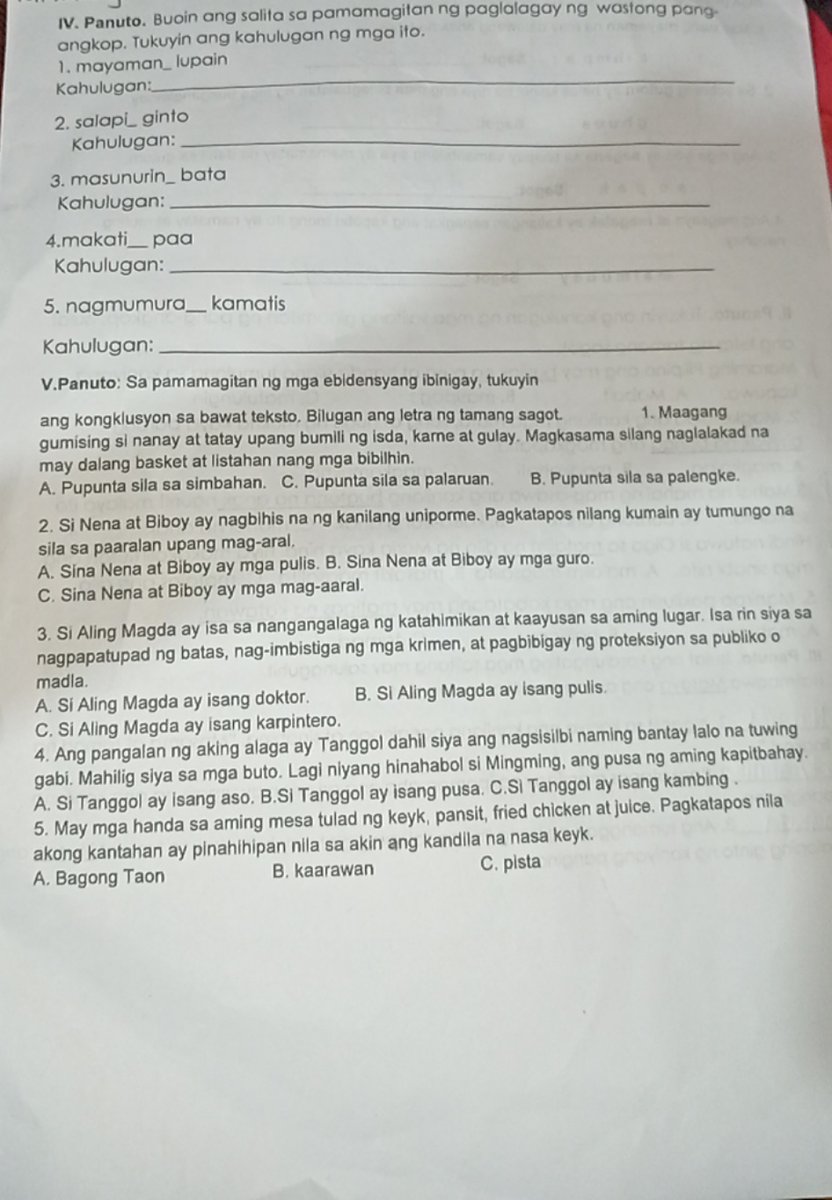 IV. Panuto. Buoin ang salita sa pamamagitan ng paglalagay ng wastong pang..