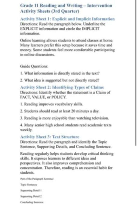 Grade 11 Reading and Writing – Intervention Activity Sheets (3rd Quarter)..