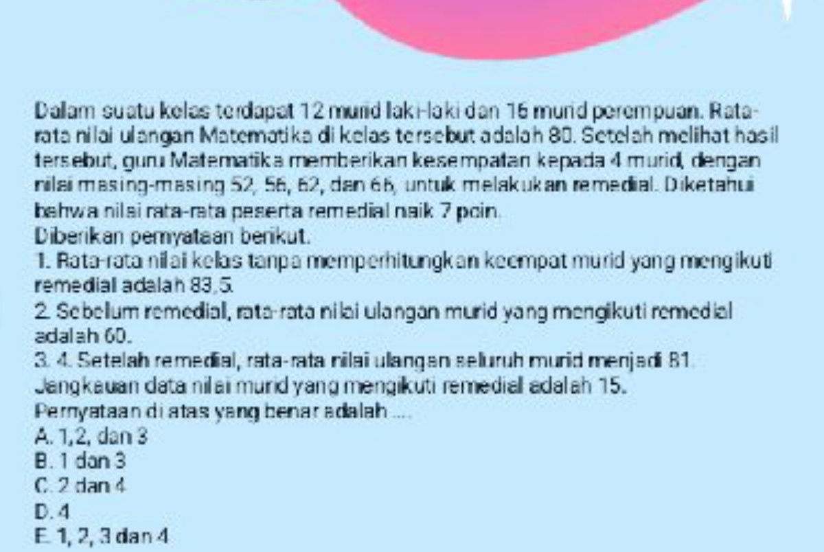 Dalam suatu kelas terdapat 12 murid laki-laki dan 16 murid perempuan. Rat..