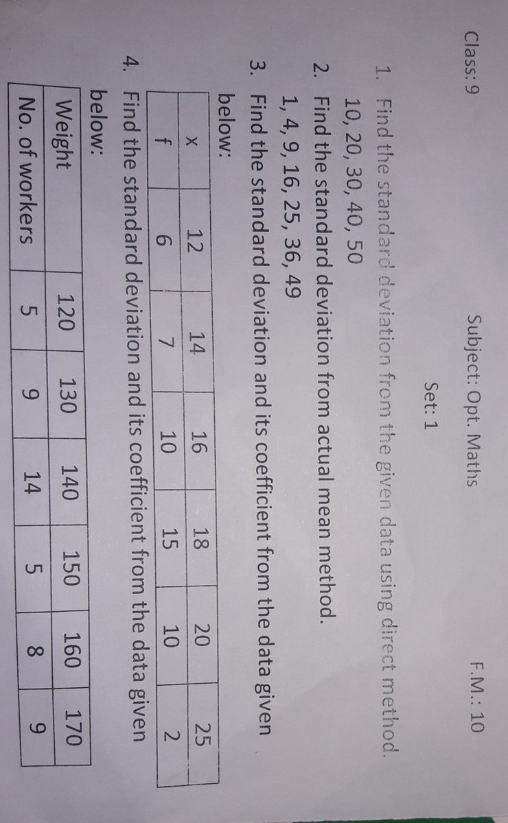 Class: 9 Subject: Opt. Maths Set: 1 F.M.: 10 Find the standard deviation..