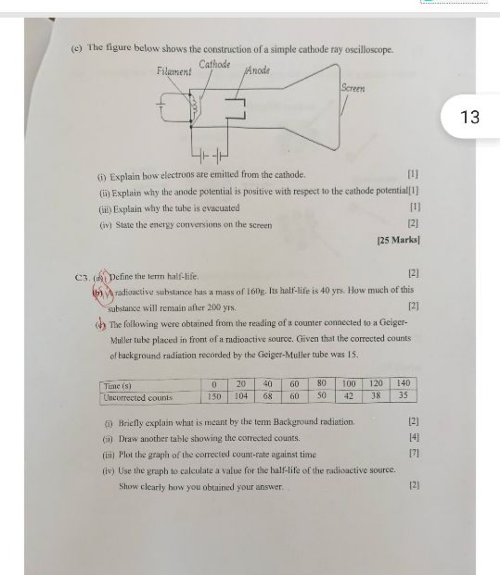 (c) The figure below shows the construction of a simple cathode ray oscil..