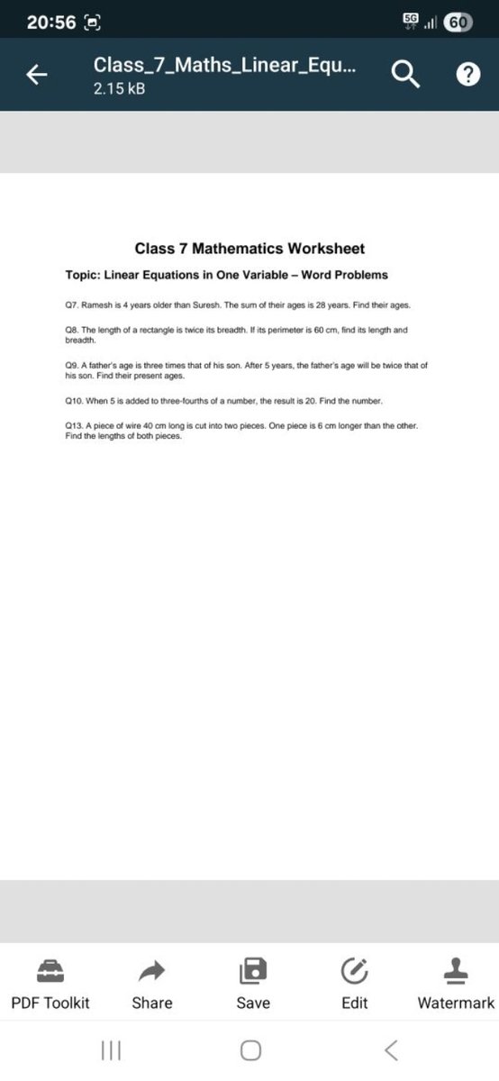 Class 7 Mathematics Worksheet Topic: Linear Equations in One Variable - W..