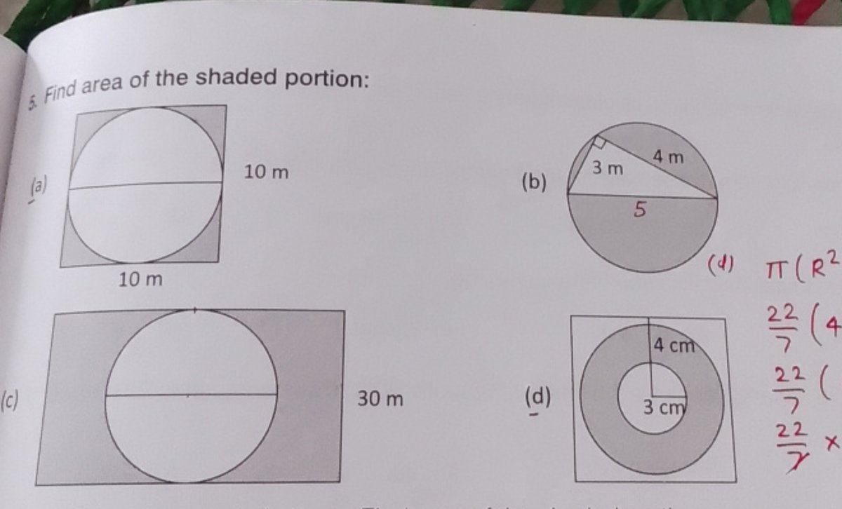 Find the area of the shaded portion for the given figures: (a) A square