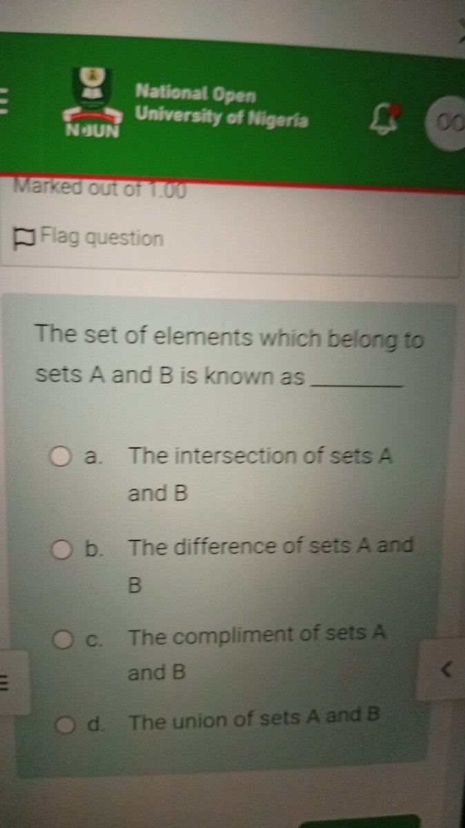 The set of elements which belong to sets A and B is known as __. a. The