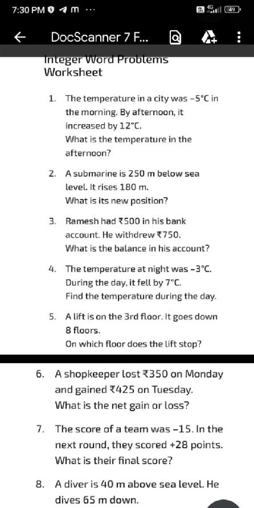 Integer Word Problems Worksheet The temperature in a city was -5°C in th..