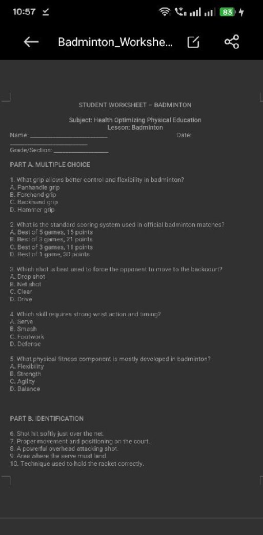 STUDENT WORKSHEET - BADMINTON Subject: Health Optimizing Physical Educati..