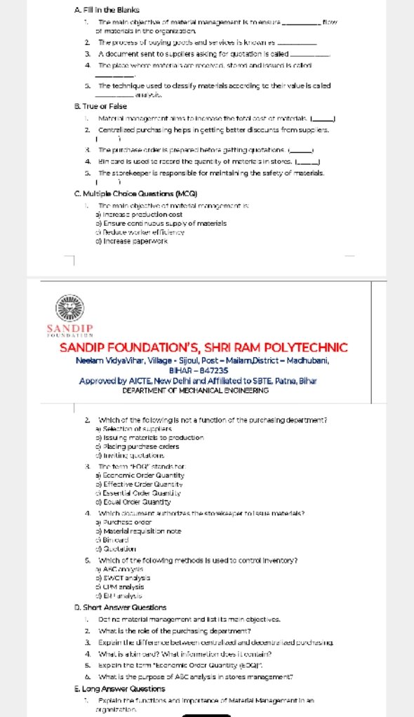 Here is a set of questions related to Material Management: A. Fill in th..