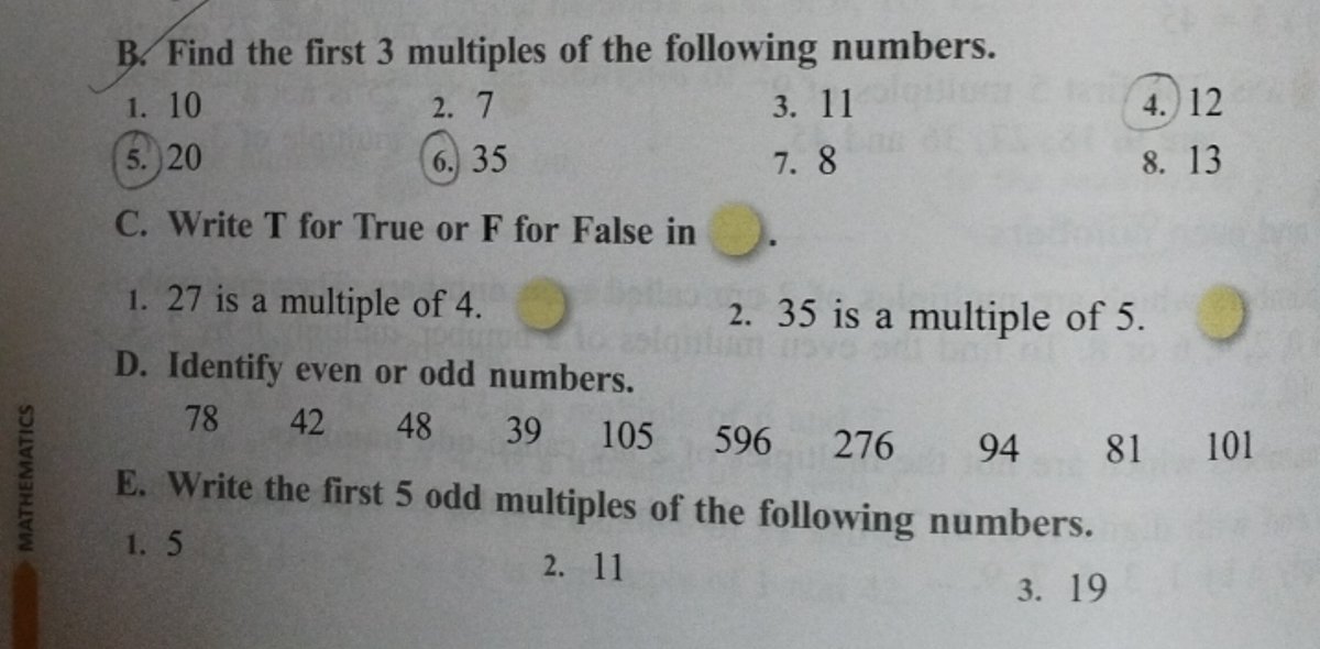 B. Find the first 3 multiples of the following numbers. 10 7 11 12 20 35