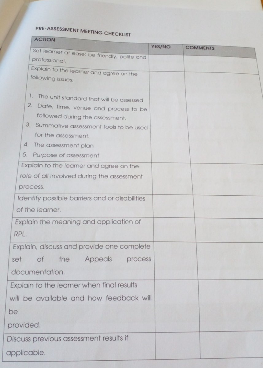 PRE-ASSESSMENT MEETING CHECKLIST ACTION Set learner at ease; be friendl..