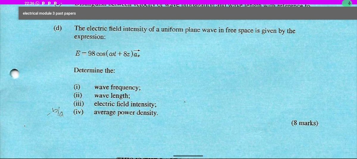 (d) The electric field intensity of a uniform plane wave in free space is..