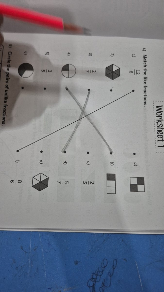 Here is Worksheet 1. A) Match the like fractions. 1) 12/6 2) [Image of