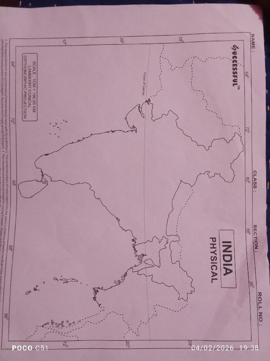 The image provided is a physical map of India with the following details:..