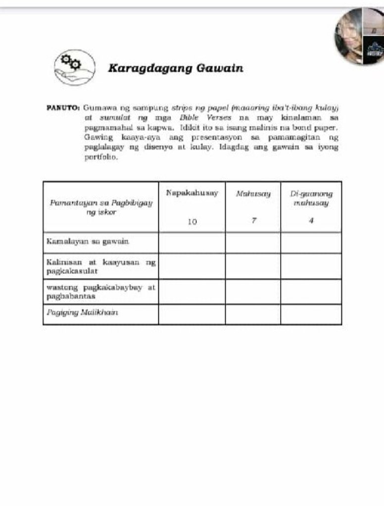 Karagdagang Gawain PANUTO: Gumawa ng sampung strips ng papel (maaaring i..