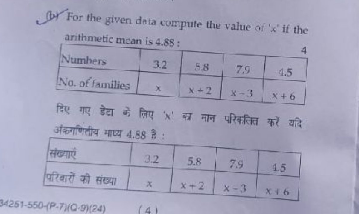 For the given data compute the value of 'x' if the arithmetic mean is 4.8..