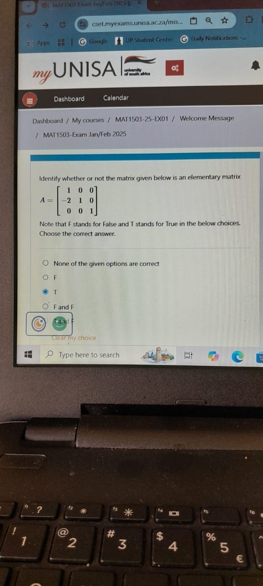 Identify whether or not the matrix given below is an elementary matrix A..