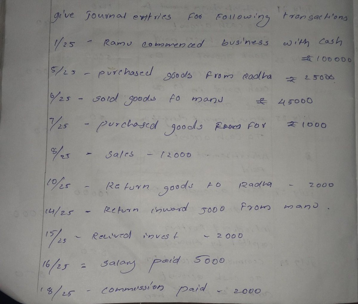Give journal entries for the following transactions: 1/25 Ramu commenced..
