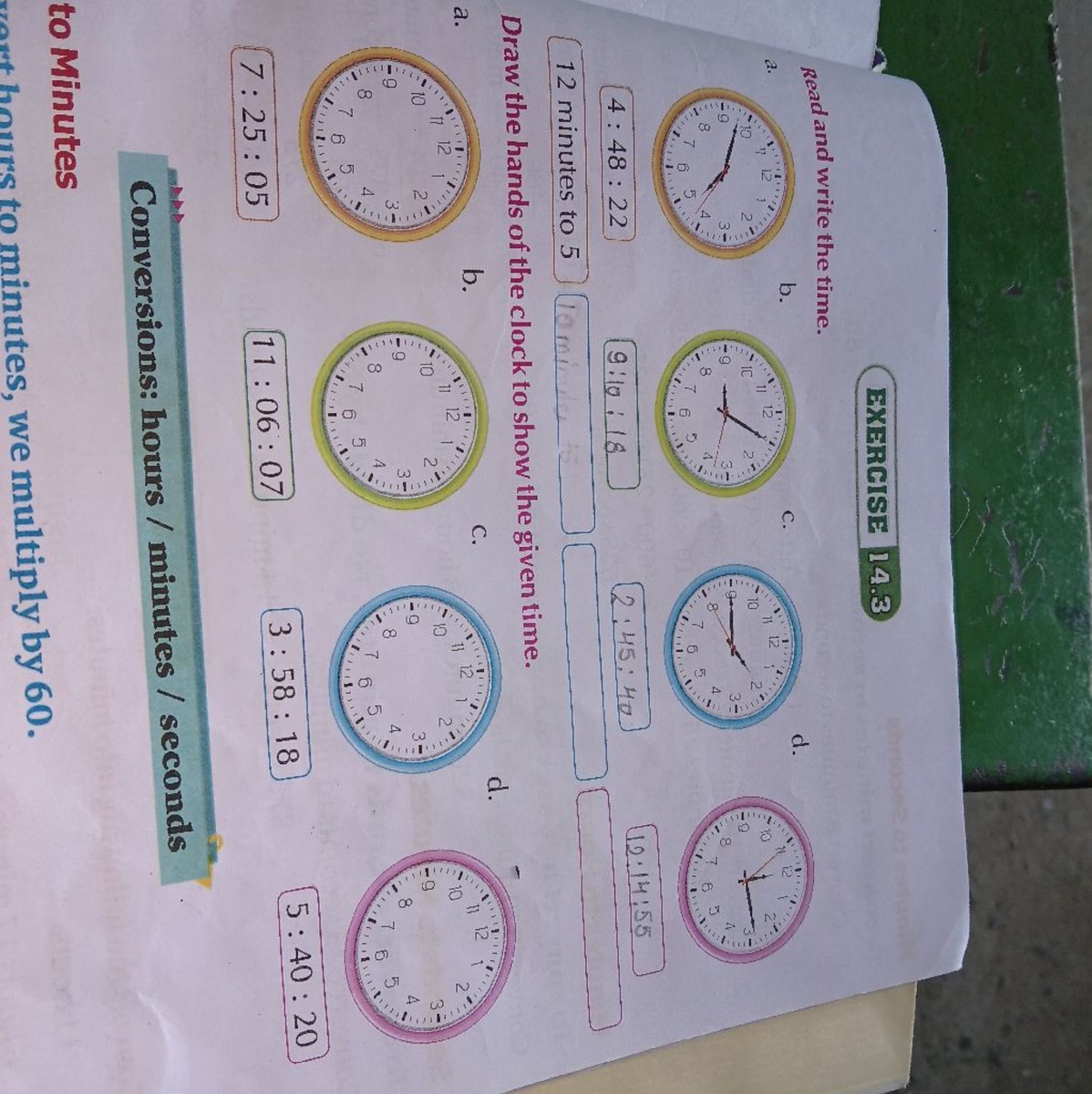 EXERCISE 14.3 a. Read and write the time. [Image of a clock with hands