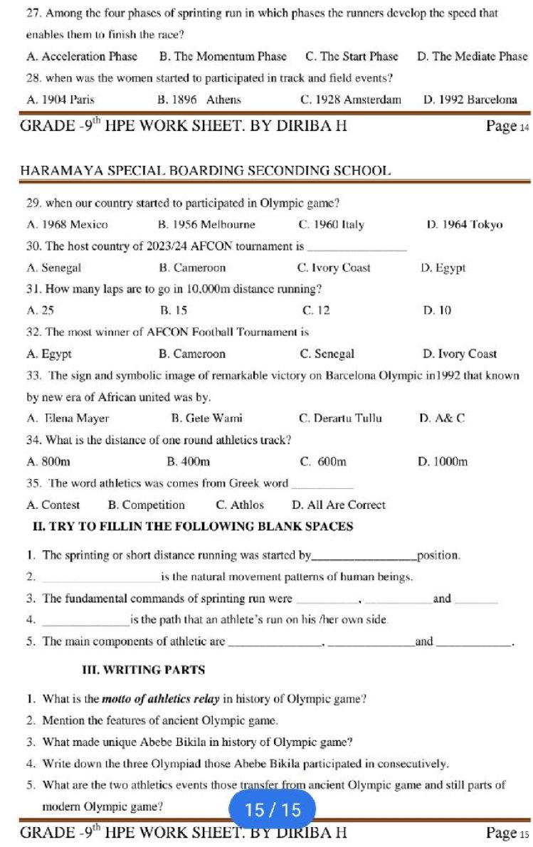 GRADE -9th HPE WORK SHEET. BY DIRIBA H HARAMAYA SPECIAL BOARDING SECONDI..