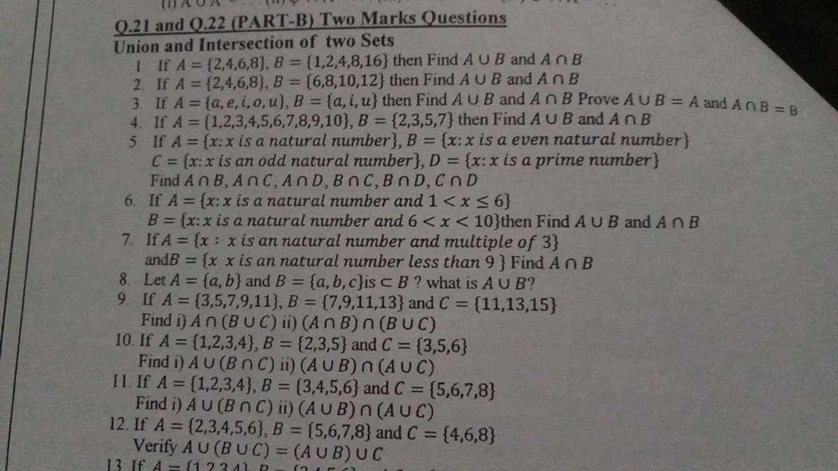 Q.21 and Q.22 (PART-B) Two Marks Questions Union and Intersection of two