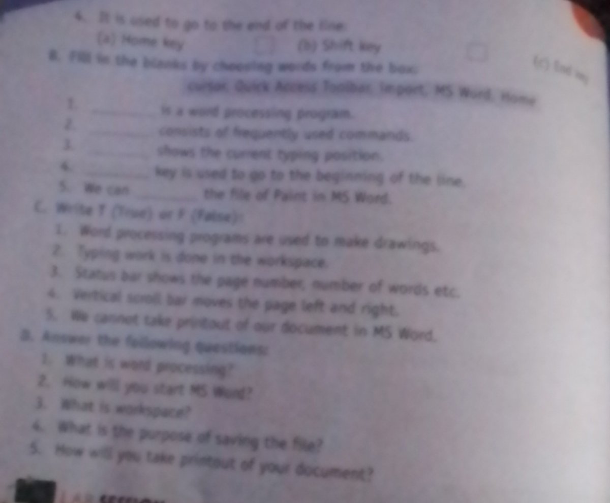 B. Fill in the blanks by choosing words from the box: cursor, Quick Acces..