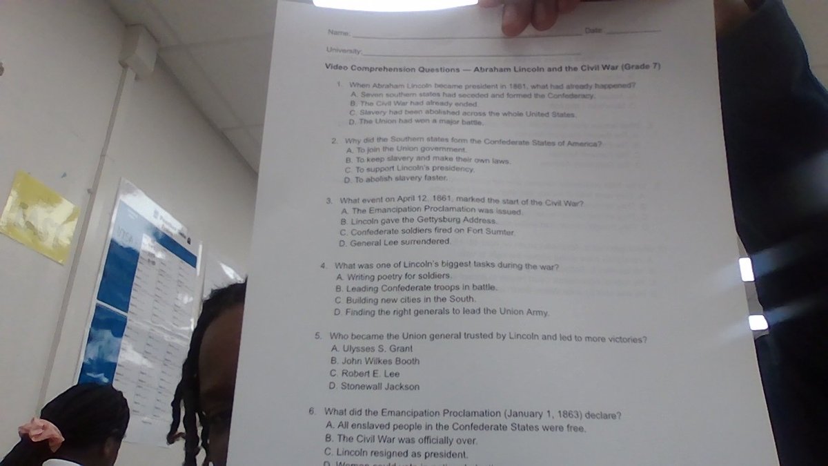 Video Comprehension Questions - Abraham Lincoln and the Civil War (Grade