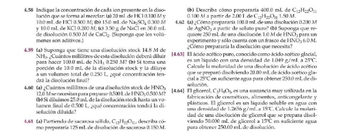 4.58 Indique la concentración de cada ion presente en la disolución que s..