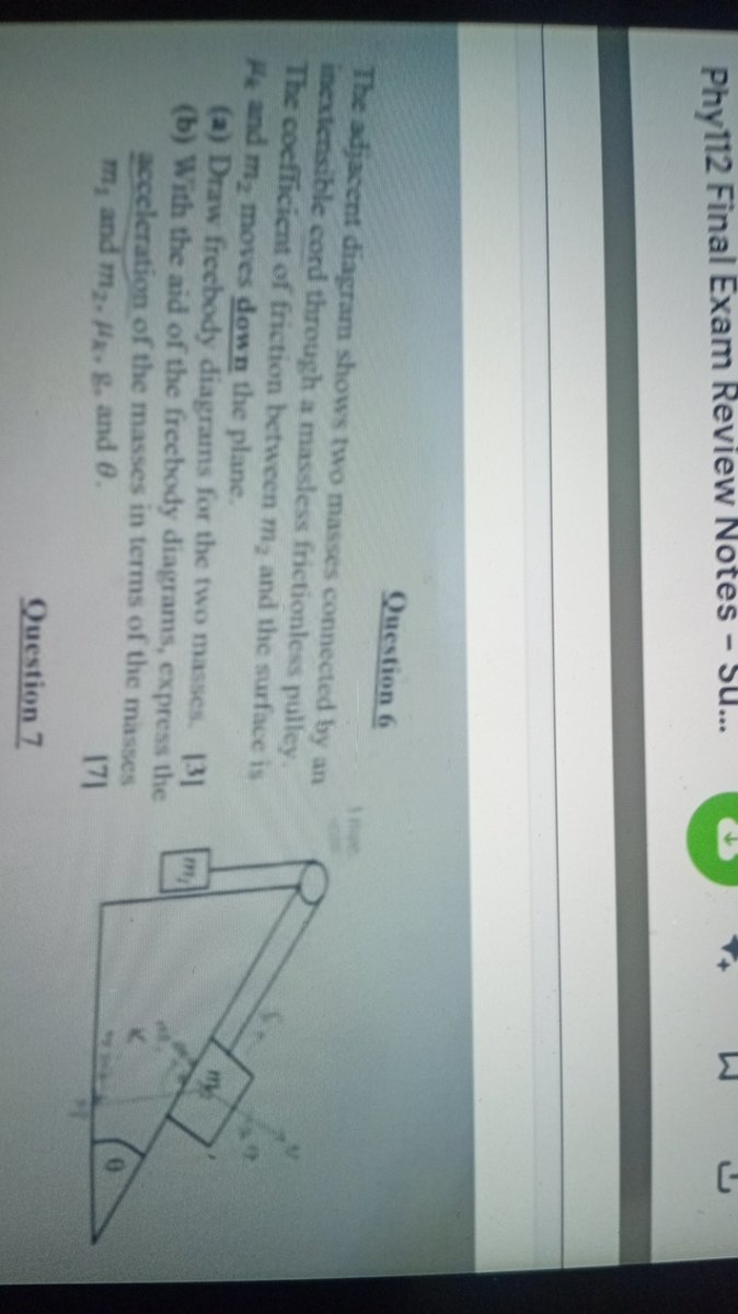 The adjacent diagram shows two masses connected by an inextensible cord t..
