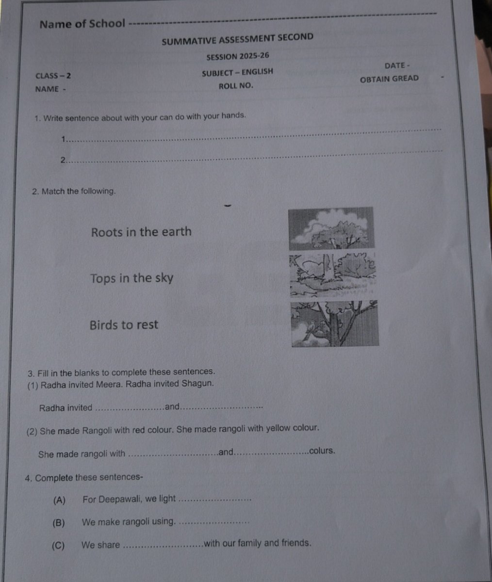 Name of School CLASS-2 NAME- SUMMATIVE ASSESSMENT SECOND SESSION 2025-26