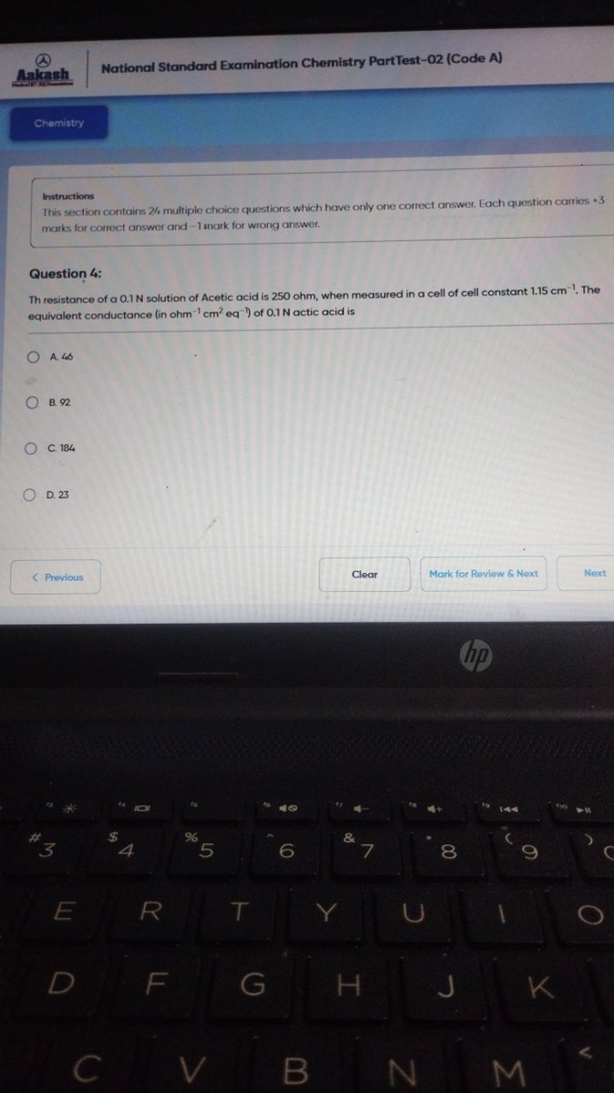 The resistance of a 0.1 N solution of Acetic acid is 250 ohm, when measur..