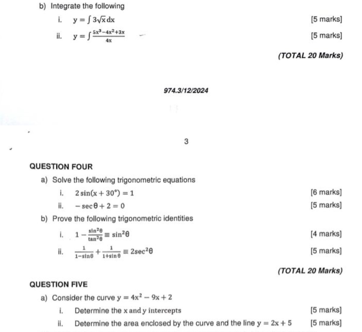 QUESTION FOUR a) Solve the following trigonometric equations i. 2 \sin(x+..