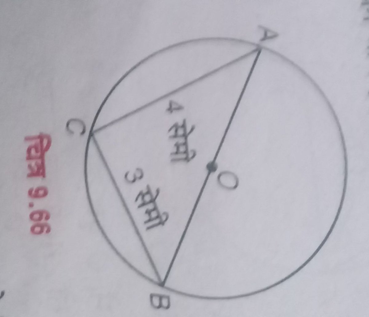 The image shows a circle with center O. Points A, B, and C are on the cir..