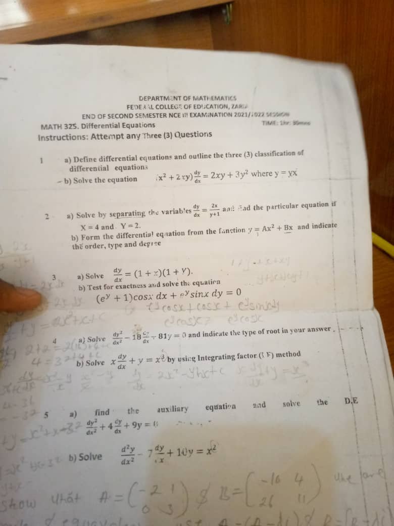 DEPARTMENT OF MATHEMATICS FEDERAL COLLEGE OF EDUCATION, ZARIA END OF SECO..