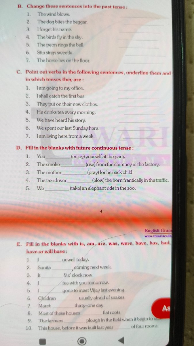 B. Change these sentences into the past tense: The wind blows. The dog bi..