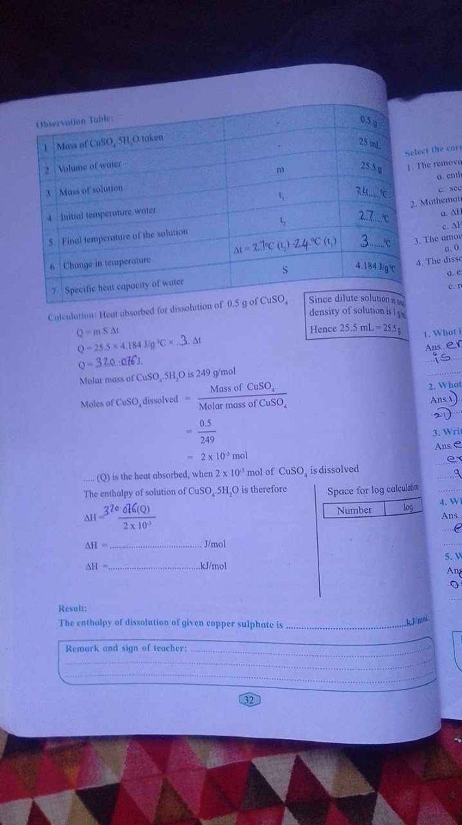 Here is an observation table and calculations for the heat absorbed durin..