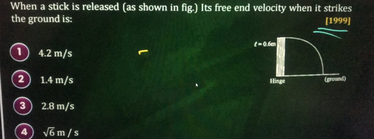 When a stick is released (as shown in fig.) Its free end velocity when it..
