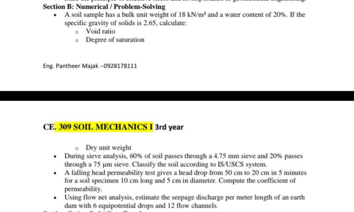 Section B: Numerical / Problem-Solving A soil sample has a bulk unit wei..