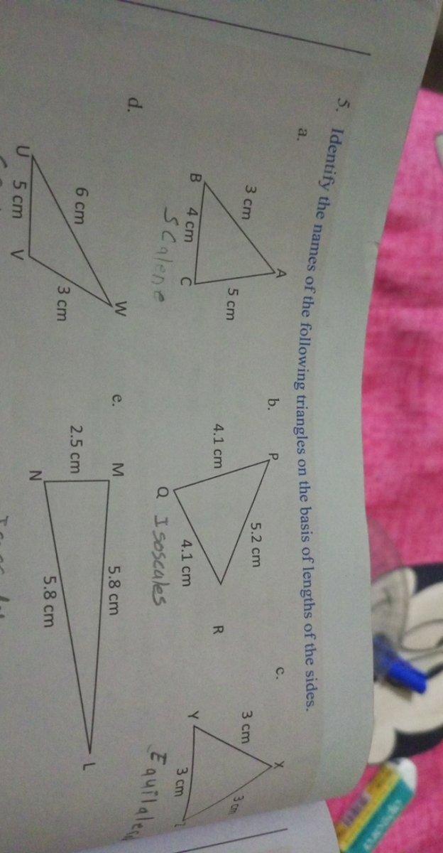 Identify the names of the following triangles on the basis of lengths of